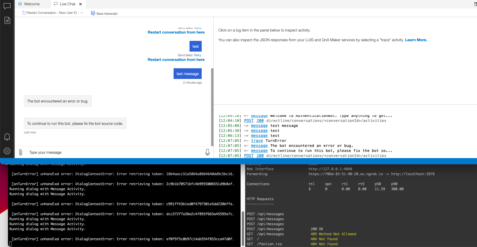 [OAuthPrompt] The call to https://api.botframework.com/api/usertoken/GetToken returns a 500 ...