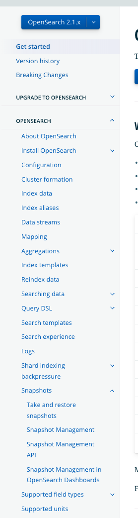 [DOC] Snapshot pages are inconsistent between versions 2.0 and 2.1+ · Issue #2257 · opensearch ...