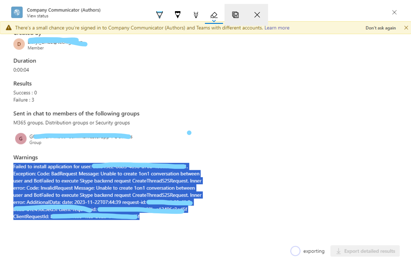 Author failed to send messages to group member with error message "Unable to create 1on1 ...