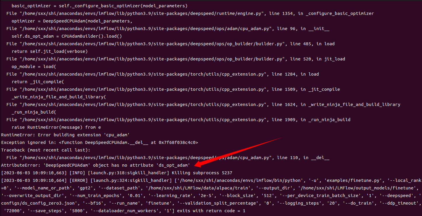 DeepSpeedCPUAdam object has no attribute ds_opt_adam · Issue #457 · OptimalScale/LMFlow · GitHub