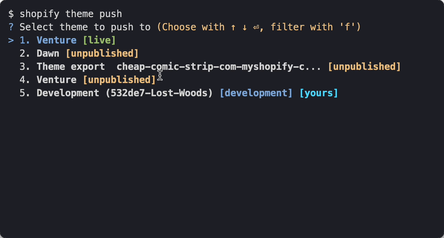 Show the current live theme when users execute `theme push` without the ...