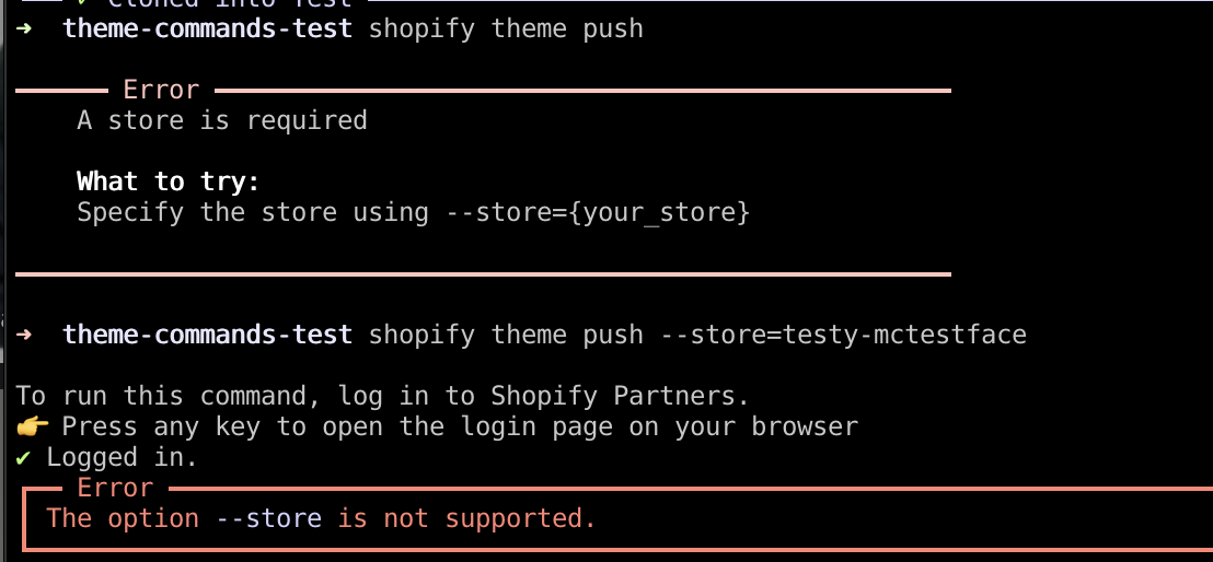 [BugHunt]: The `--store` flag must be supported on all theme commands that require ...