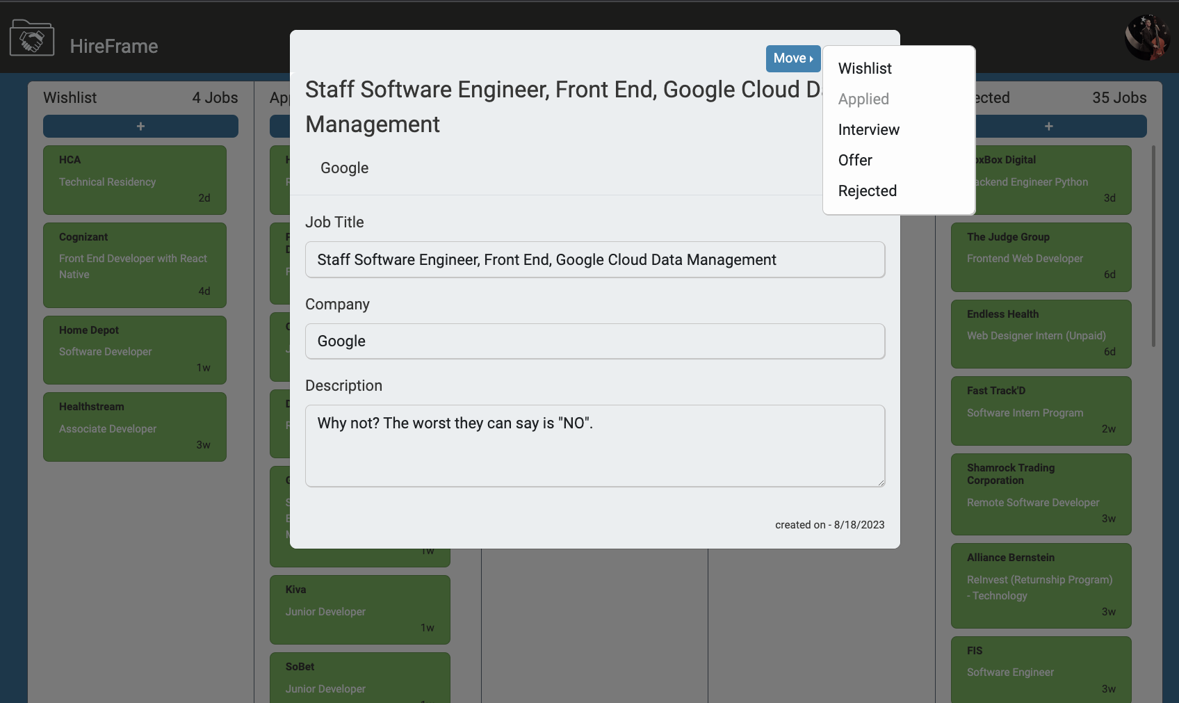GitHub - ericlfrey/HireFrame: A Simple Job Hunting Board to help ...