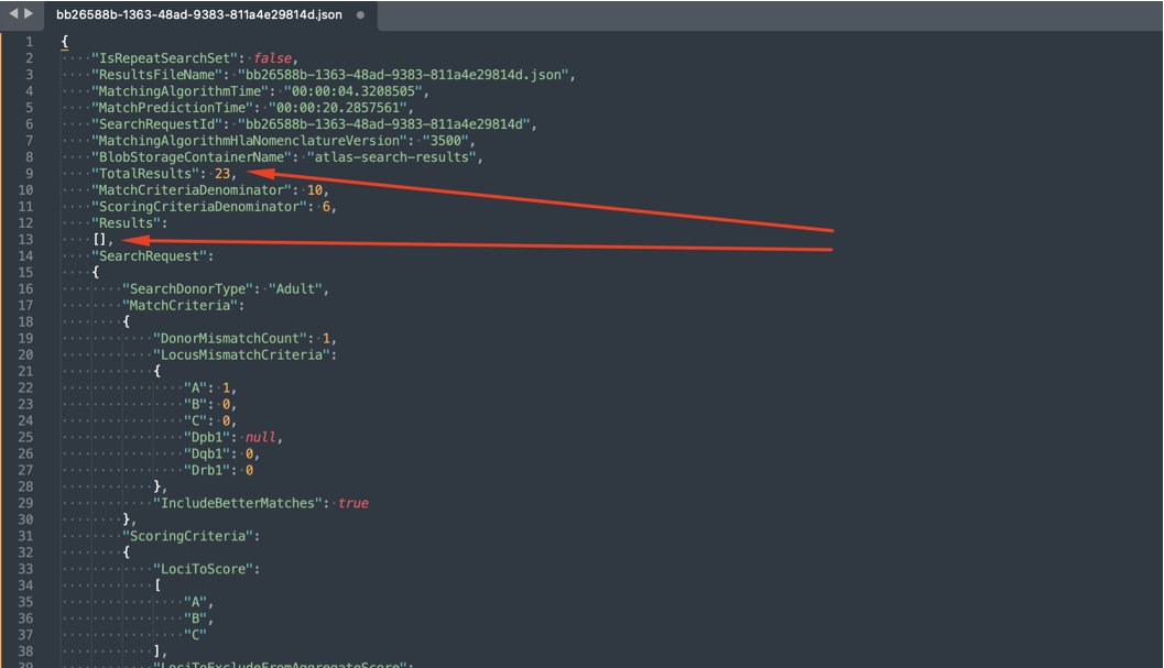 Search results file in atlas-search-results blob container doesn't contain donors in "Results ...