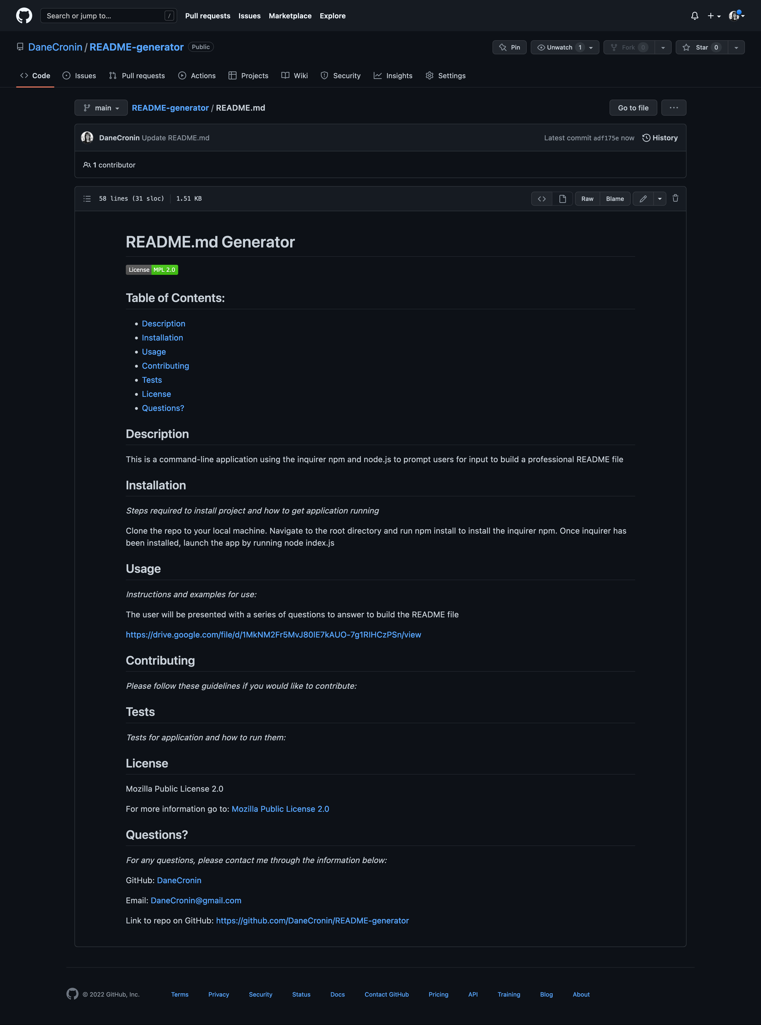 GitHub - DaneCronin/README-generator