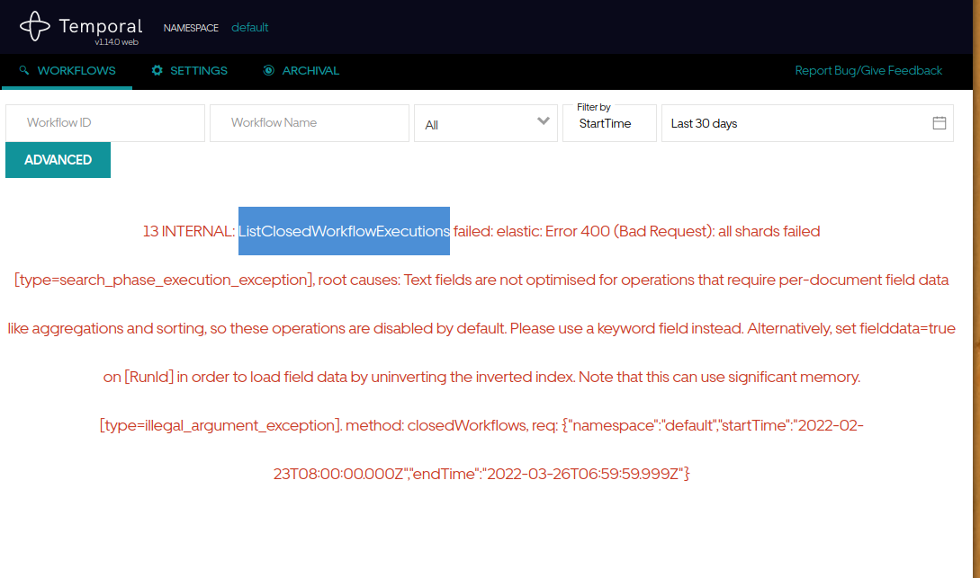 Fresh install and workflow results in ListClosedWorkflowExecutions, Elasticsearch error persists ...
