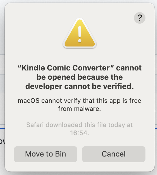 MacOS Monterey v12.6: “Kindle Comic Converter” cannot be opened because the developer cannot be ...