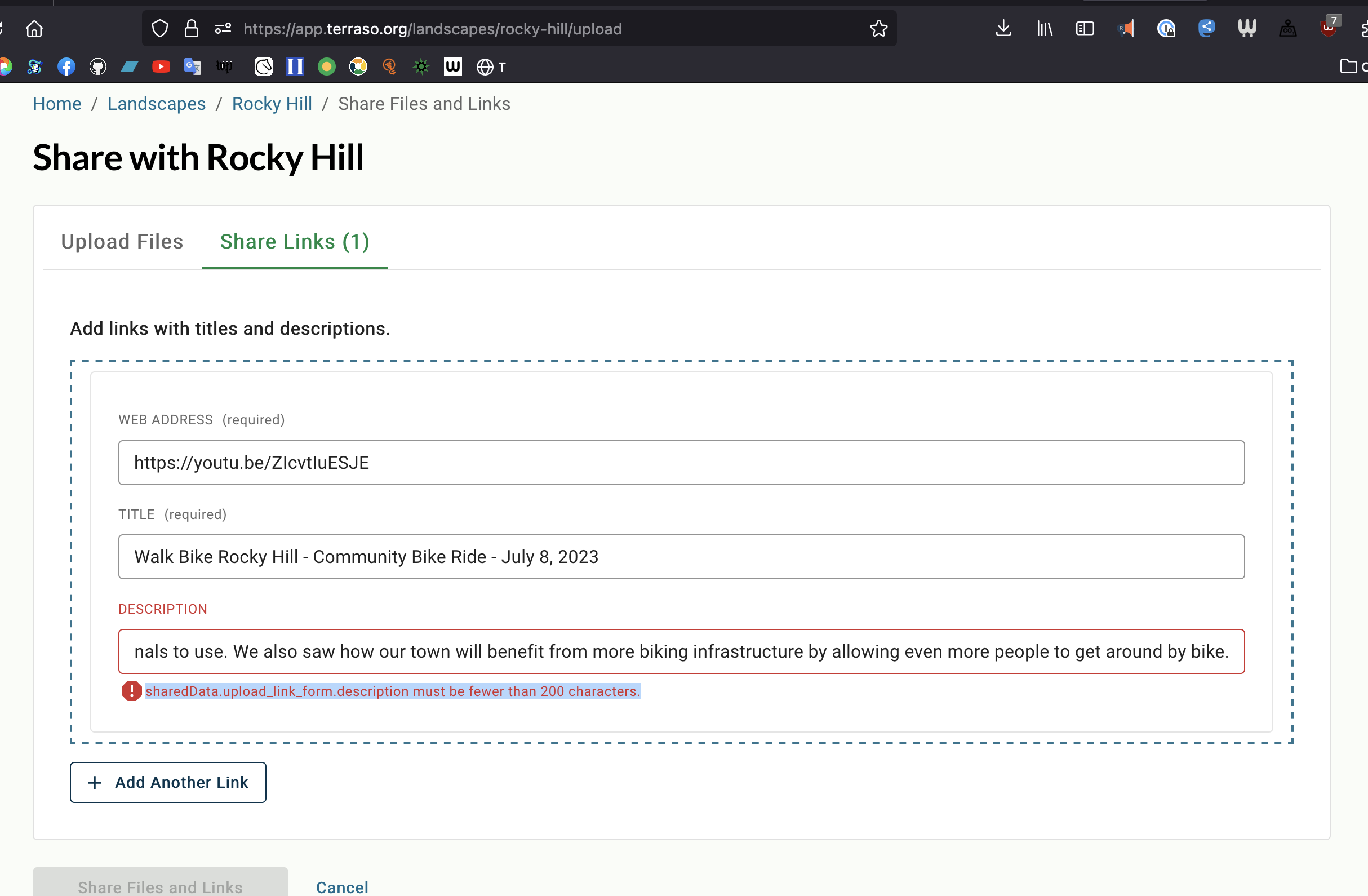 error message when adding a >200 character link description to shared files module is not human ...