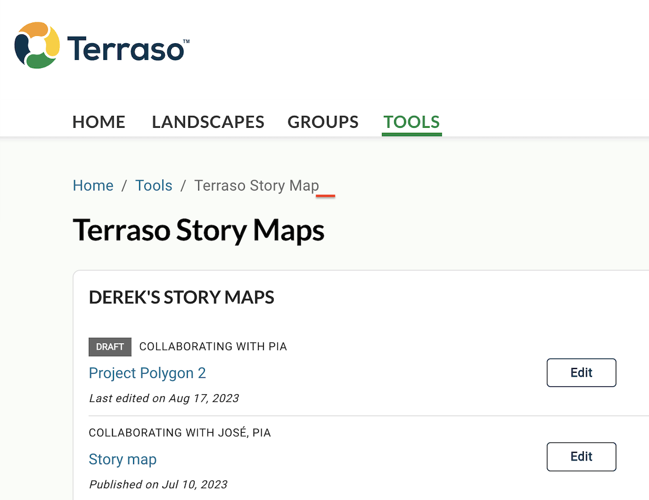 Bread crumb for "Terraso Story Maps" reads, "Terraso Story Map" · Issue #1127 · techmatters ...