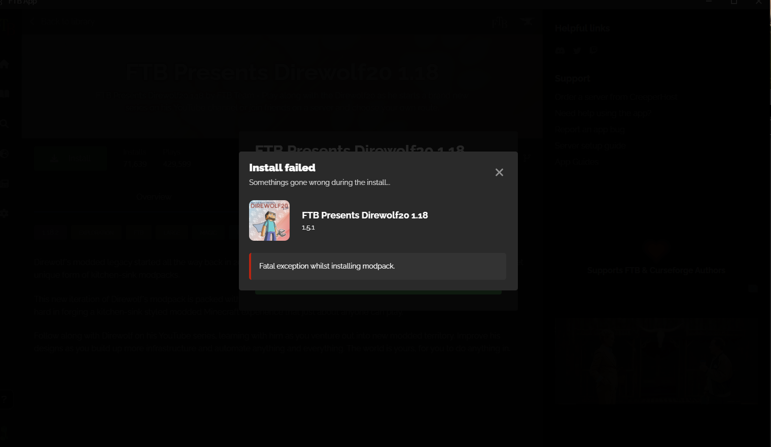 Bug Fatal Exception Whilst Installing Modpack · Issue 619 · Ftbteamftb App · Github