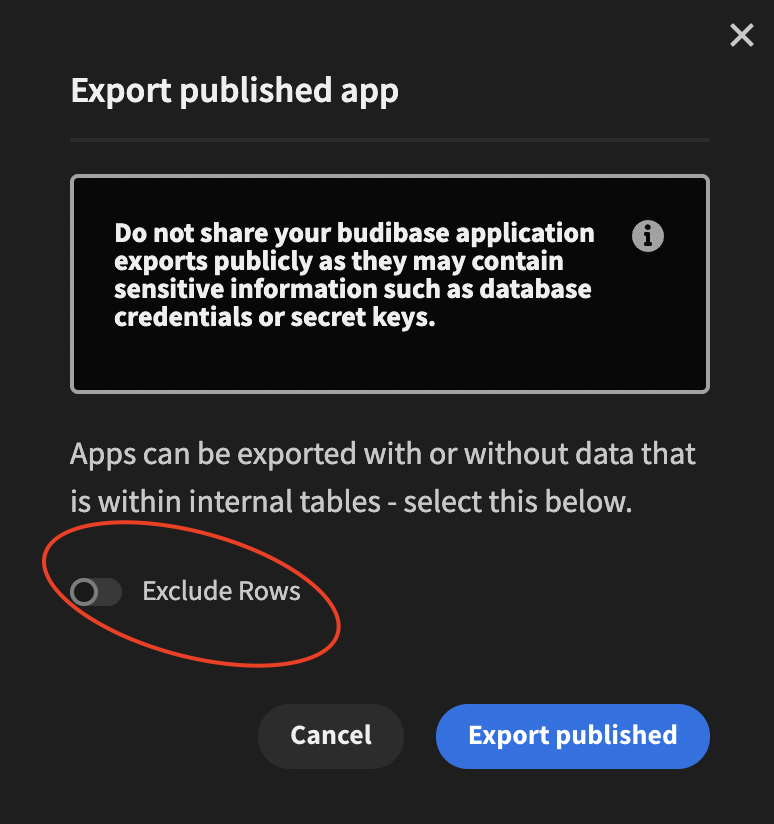 [BUDI-6596] App Export includes attachments in a dump file even if "exclude rows" is selected ...
