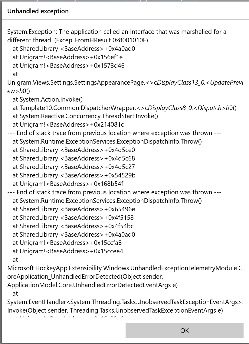 Unhandled Exception when changing theme · Issue #959 · UnigramDev/Unigram · GitHub