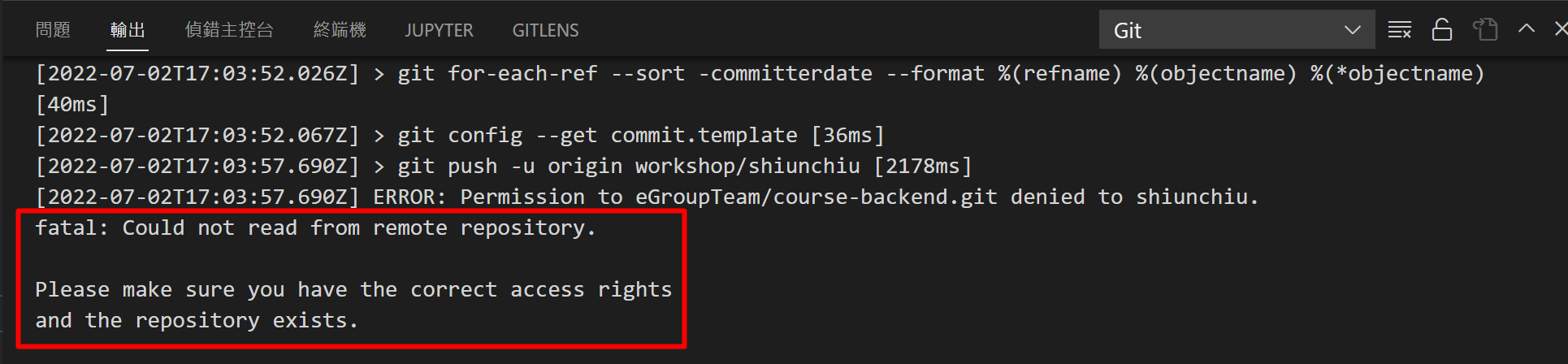 無法發佈分支，錯誤訊息：Please make sure you have the correct access rights and the repository exists ...