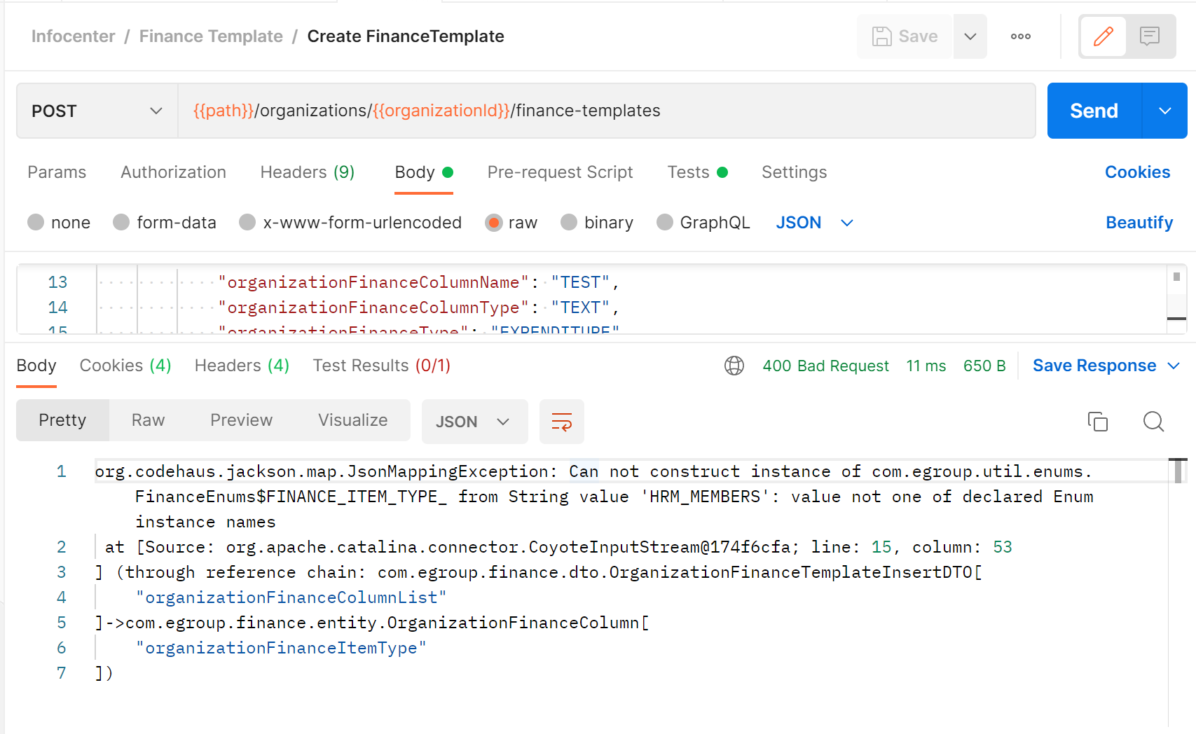 (solved) Postman測試 - 400 BAD_REQUEST - Can not construct instance of com.egroup.util.enums ...