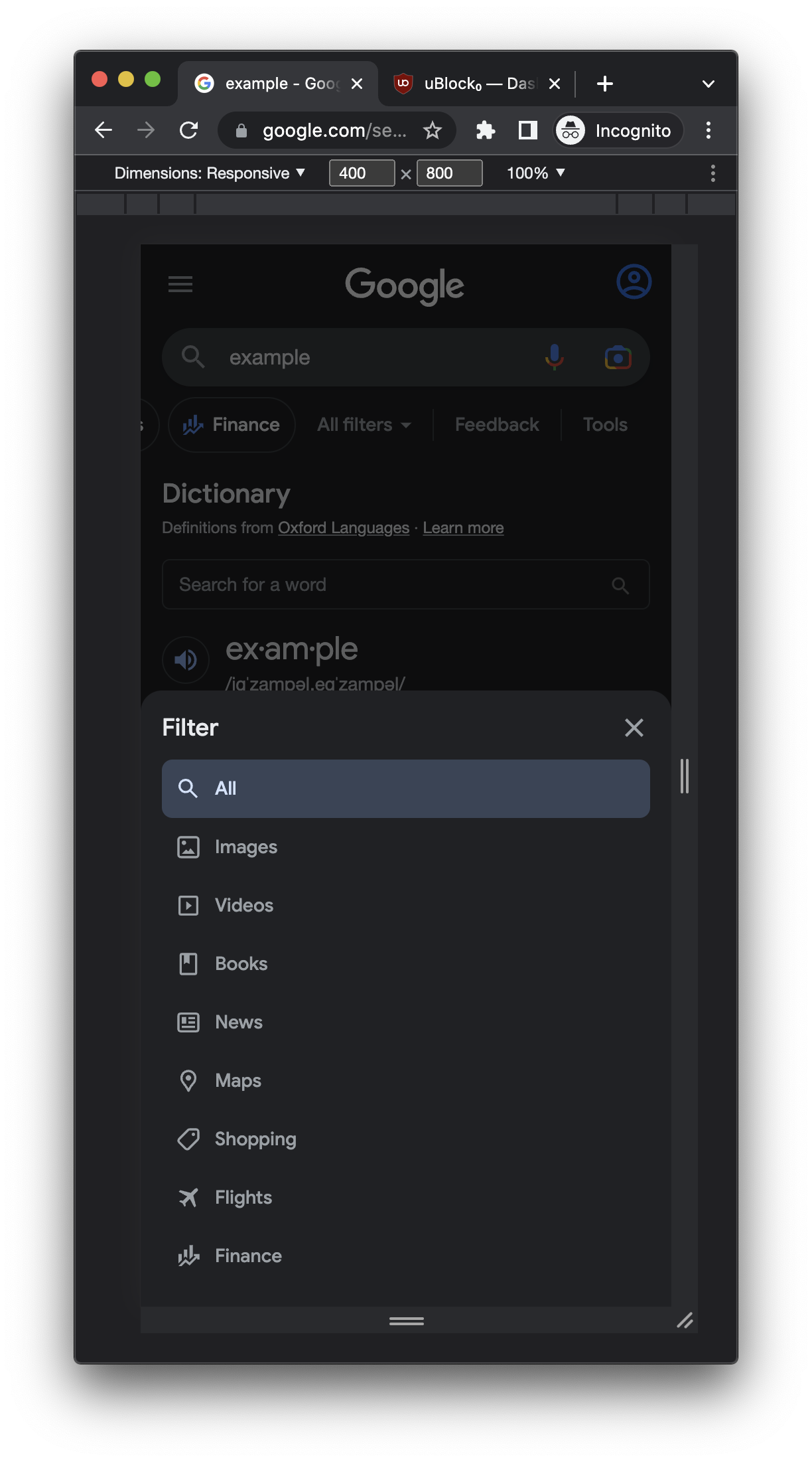 google.com (mobile Chrome version) - 'All filters' menu blocked by Fanboy's Annoyance list ...