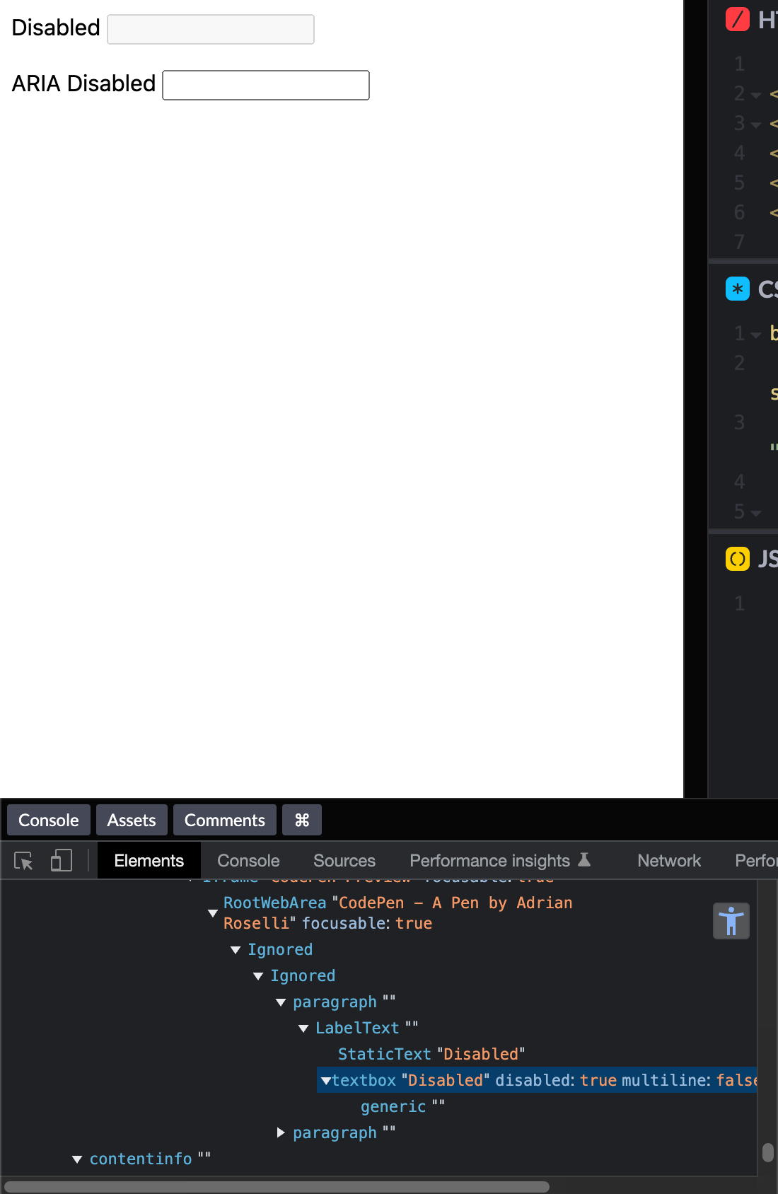 correction: `disabled` does not remove DOM nodes from the a11y tree ...