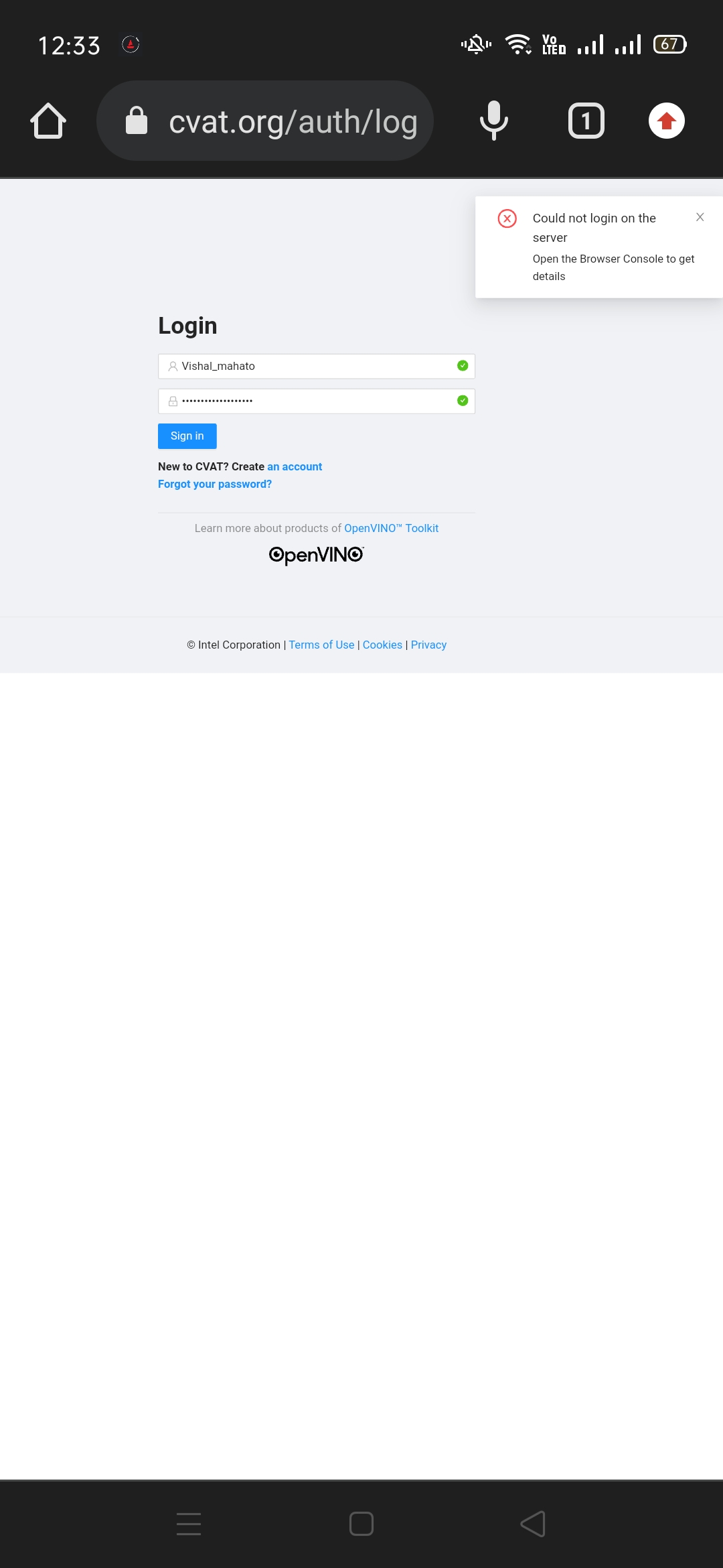 Could not login on server~ open the browser console to get details ...
