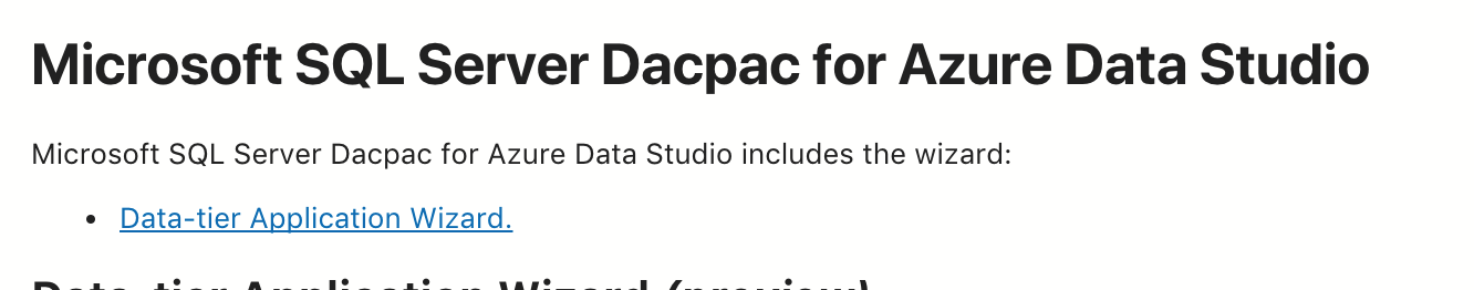 Dacpac extension: Data-tier application wizard Readme link doesn't work ...