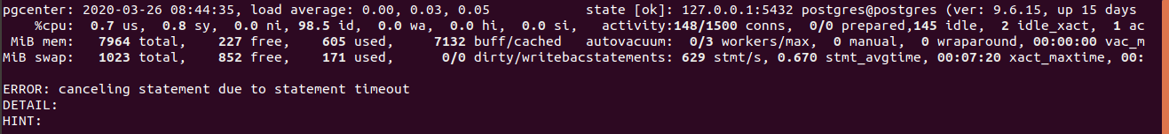 canceling statement due to statement timeout with PGOPTIONS='--statement-timeout=300' pgcenter ...