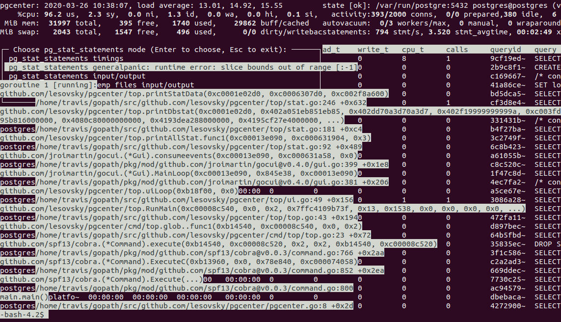 runtime error: slice bounds out of range [:-1] · Issue #73 · lesovsky/pgcenter · GitHub