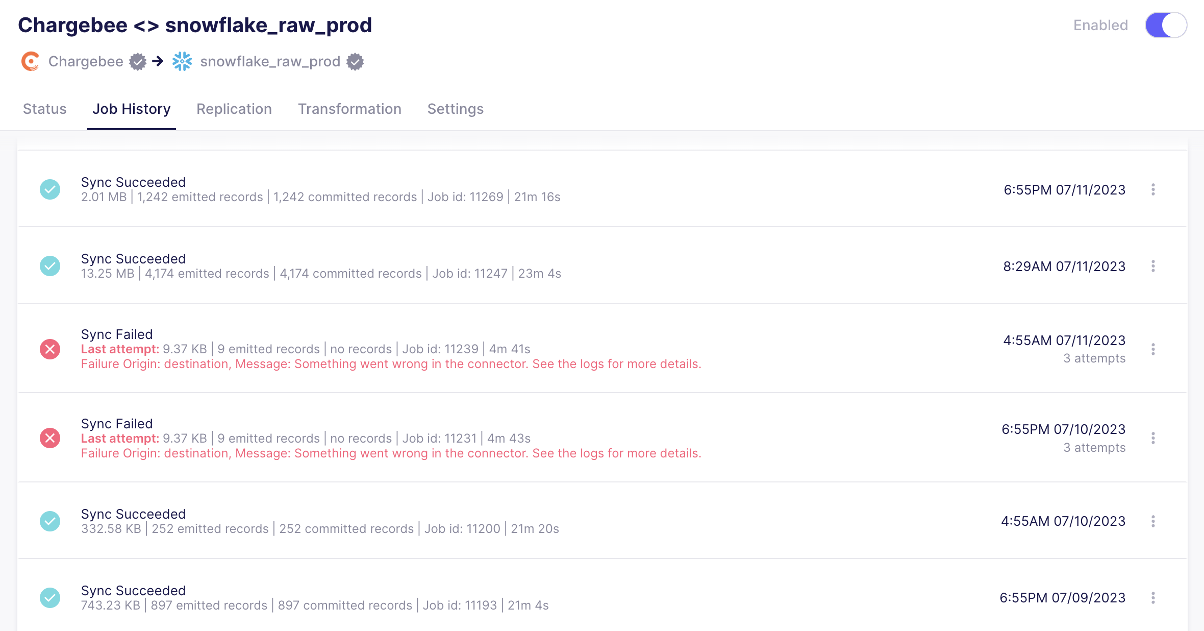 Destination Snowflake: Upgrading from snowflake 1.1.0 to 1.2.0 causes Chargebee to snowflake ...