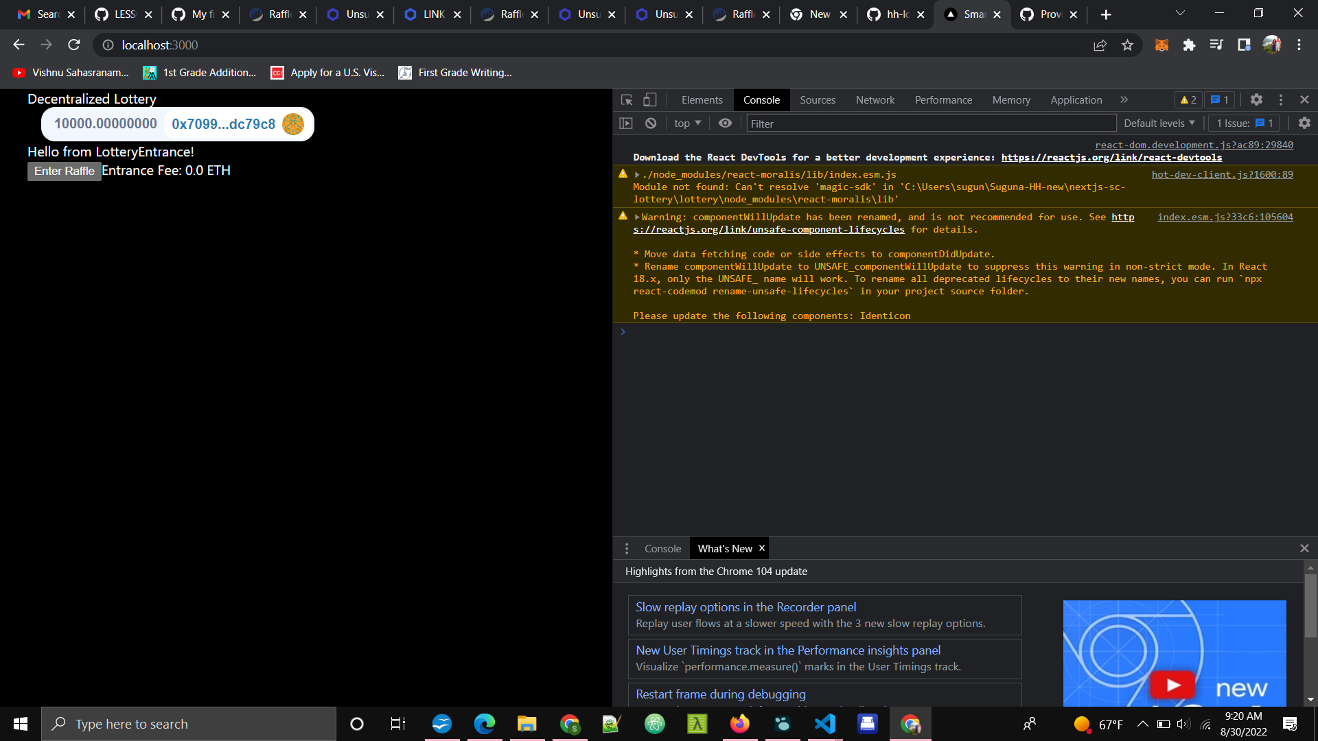 Lesson 10: Enter raffle amount showing 0.0 ETH · smartcontractkit full-blockchain-solidity ...