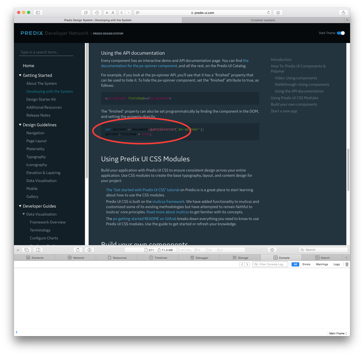 Develop with the system: Portions of Spinner's code snippet in dark ...