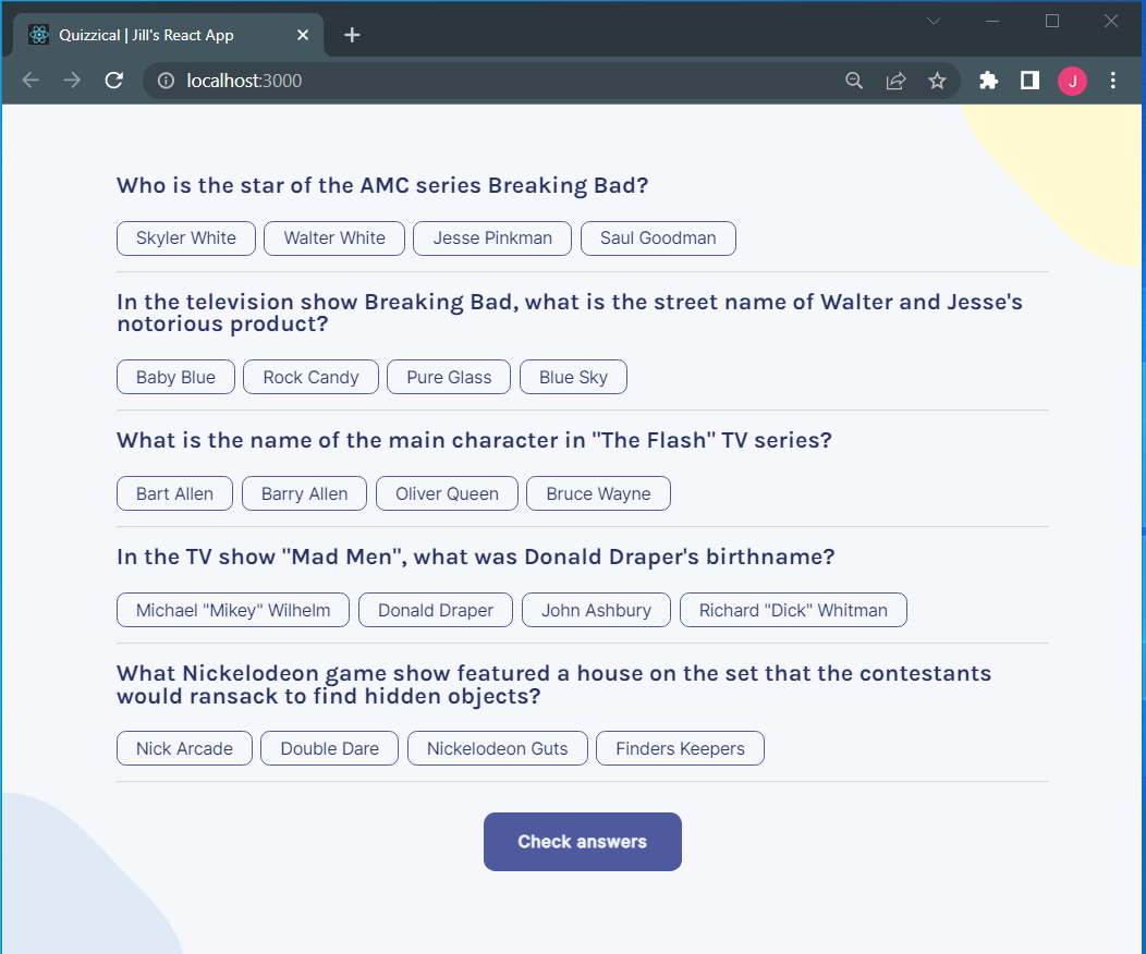 GitHub - JillOakes/react-quizzical-v2: A trivia app that pulls ...