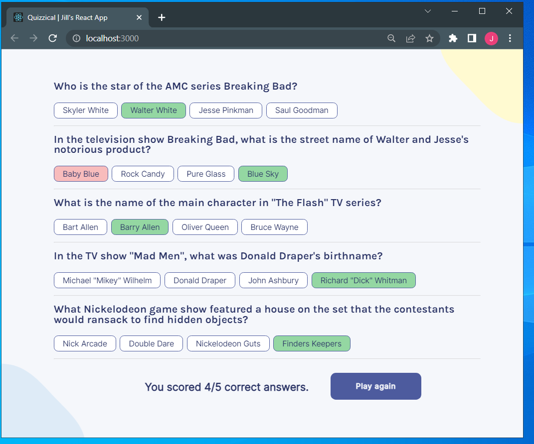 GitHub - JillOakes/react-quizzical-v2: A trivia app that pulls questions from the OTDB API. Made ...