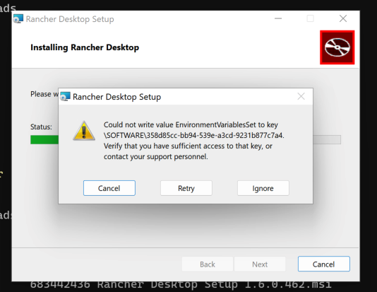 Error installing 1.6.0.462 MSI : missing various permissions · Issue #3529 · rancher-sandbox ...