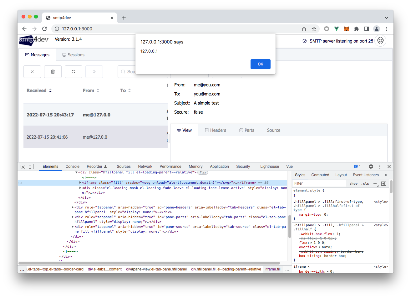 Stored XSS in HTML message view · Issue #1148 · rnwood/smtp4dev · GitHub