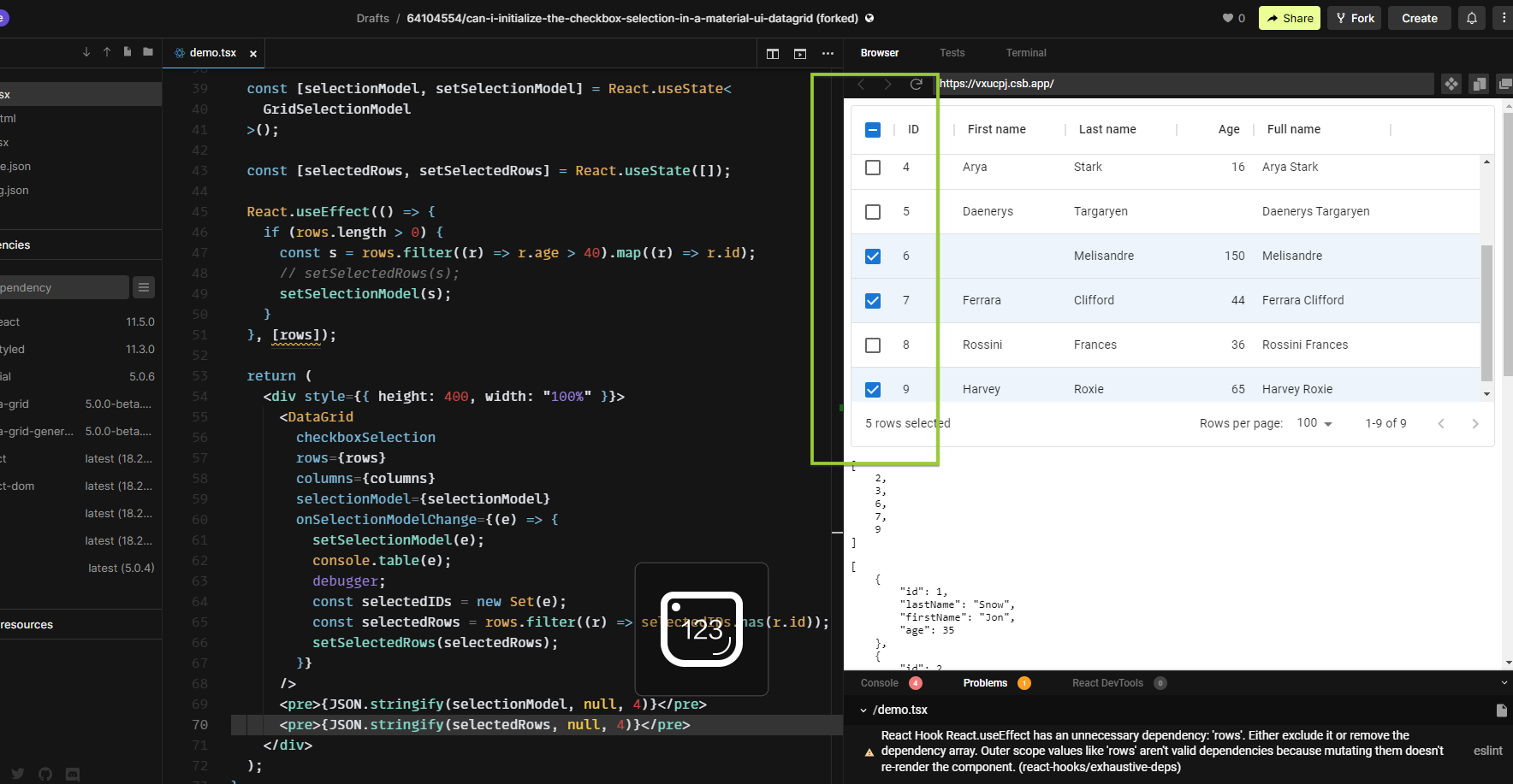 Programmatically Preselecting A Row In The Datagrid Mui Did Not Work In Javascript Jsx But It