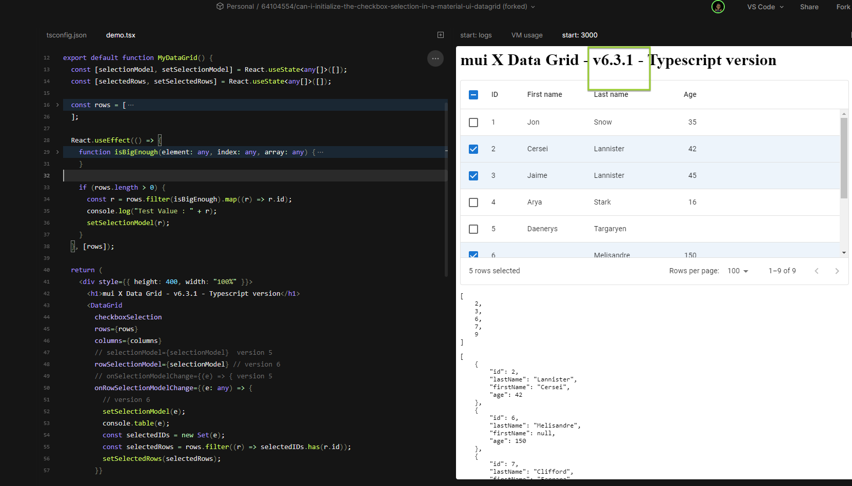 Programmatically Preselecting A Row In The Datagrid Mui Did Not Work In Javascript Jsx But It