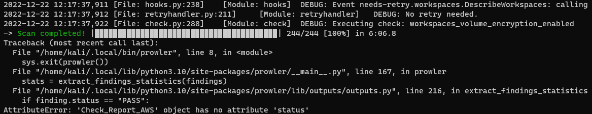 [Bug]: Running into 'AttributeError: 'Check_Report_AWS' object has no attribute 'status'' error ...