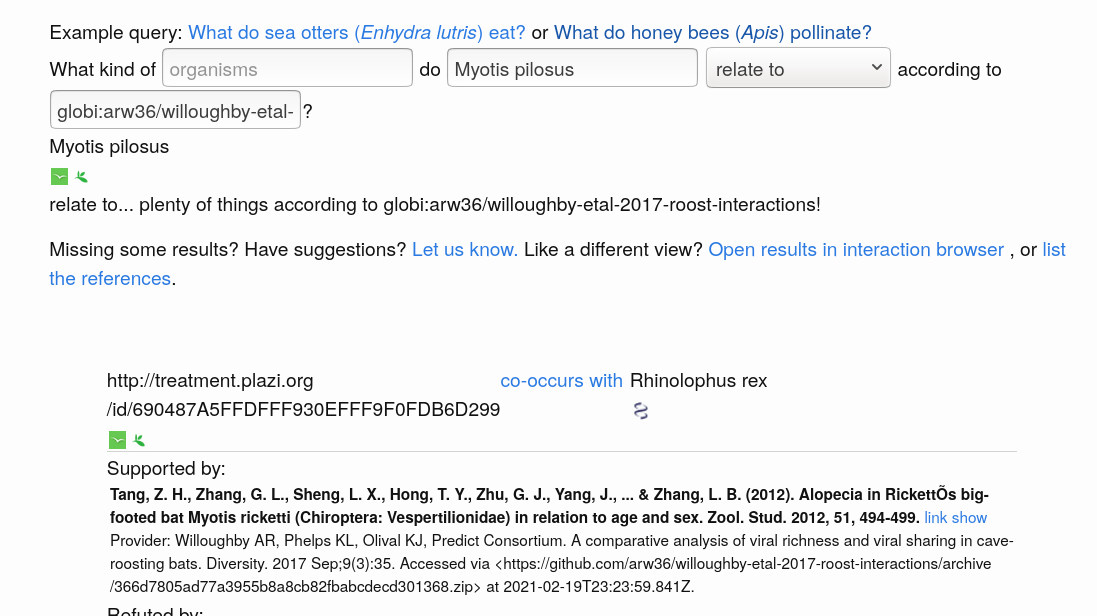 "Myotis pilosus" is shown as "http://treatment.plazi.org/id ...