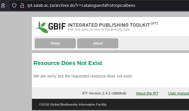 Catalogue of Afrotropical Bees appears to be missing @ http://ipt.saiab.ac.za/archive.do?r ...