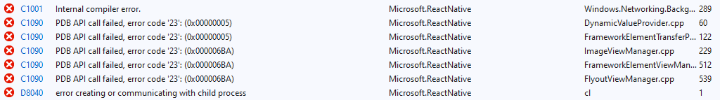 Build broken in VS 2019 (16.11.9) with Internal Compiler Error · Issue #9373 · microsoft/react ...