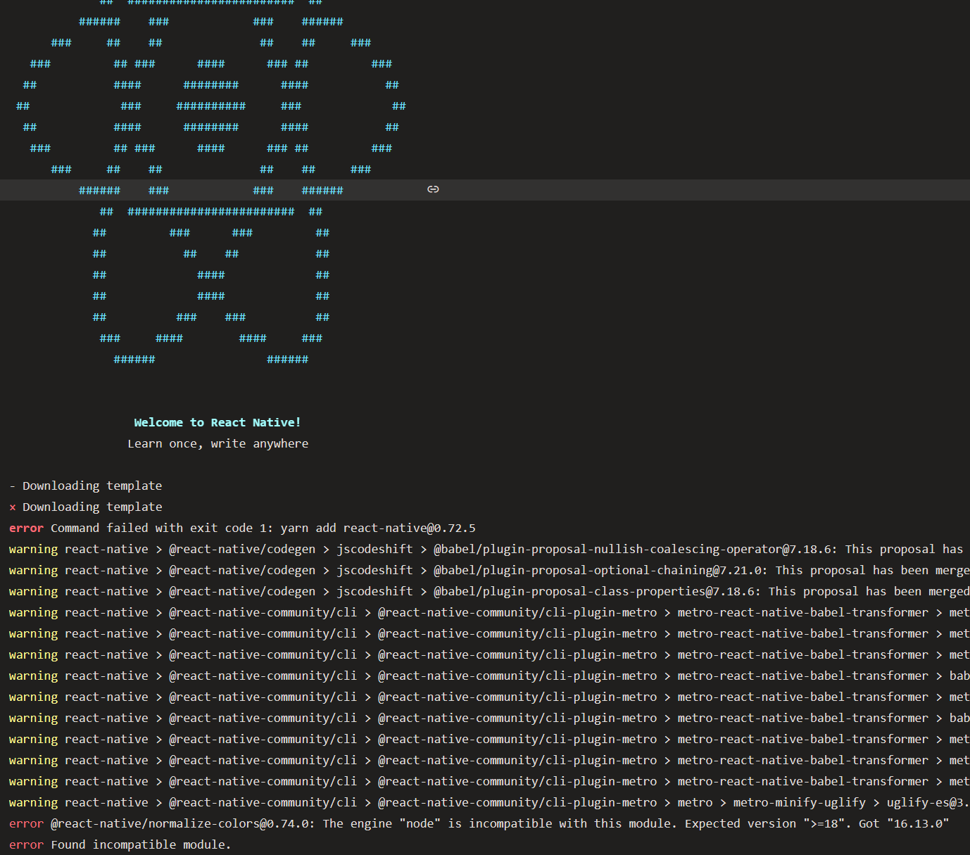 [FIXED] Unable to create new RN 0.72 project with Node 16 again · Issue #40797 · facebook/react ...