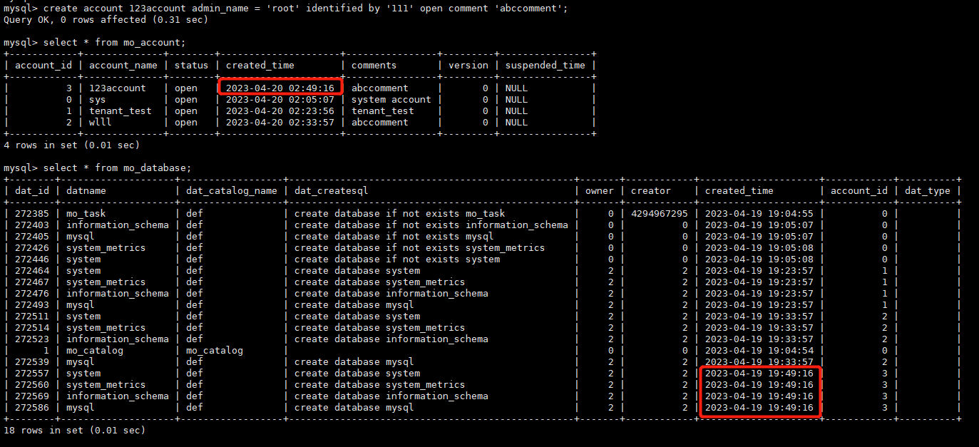 [Bug]: the createtime of mo_database is not consistent with the createtime of mo_account ...