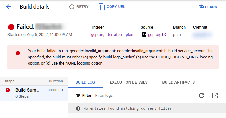 1-org deploy with cloudbuild plan error: `specify 'build.logs_bucket' (b) use the CLOUD_LOGGING ...