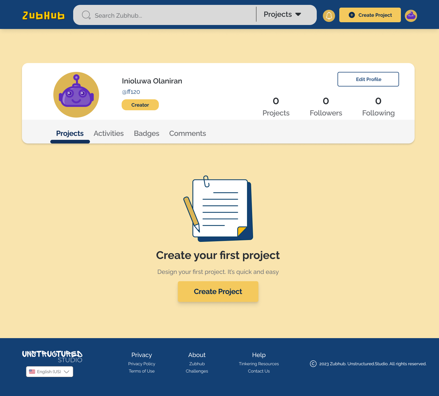 Create Project Button on User Profile Page · Issue #675 · unstructuredstudio/zubhub · GitHub