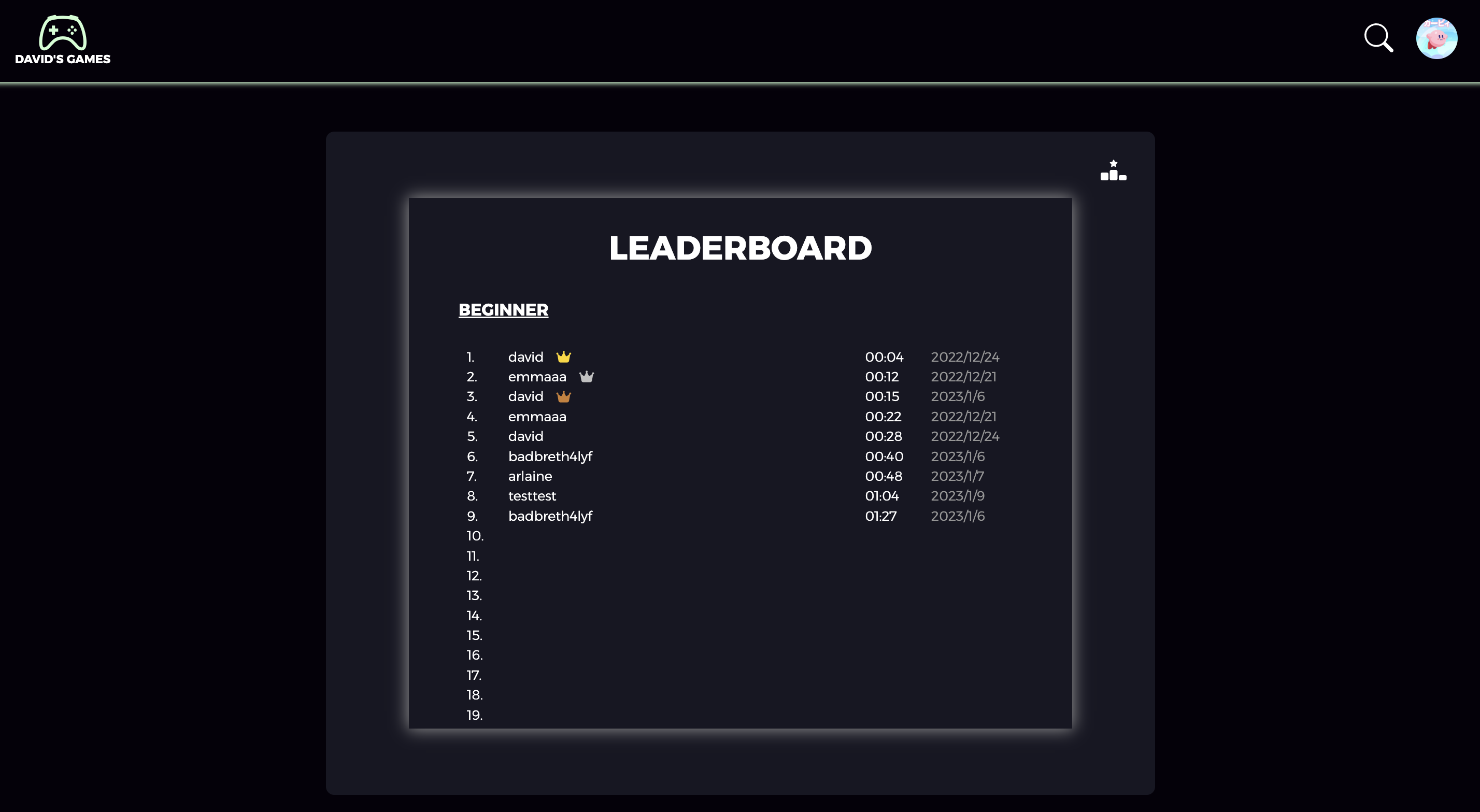 GitHub - davkluo/davids-games: Game vault site with leaderboards, personal achievements, and ...