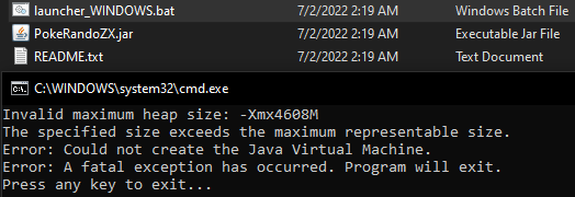 [Bug] Invalid maximum heap size -Xmx4608M · Issue #479 · Ajarmar/universal-pokemon-randomizer-zx ...