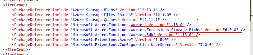After create an isolated Azure Function using the Blob trigger, the package version is incorrect ...