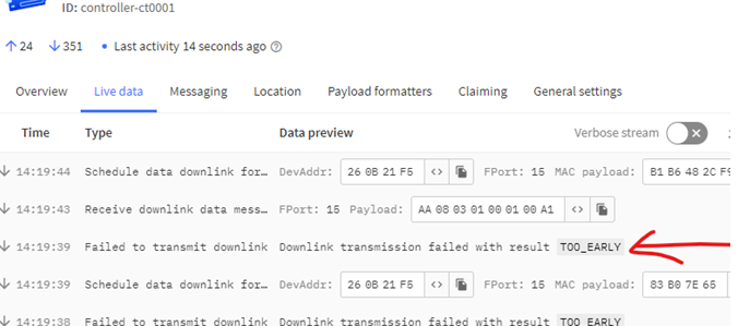 Downlink transmission failed with result Too EARLY · Issue #5577 · TheThingsNetwork/lorawan ...