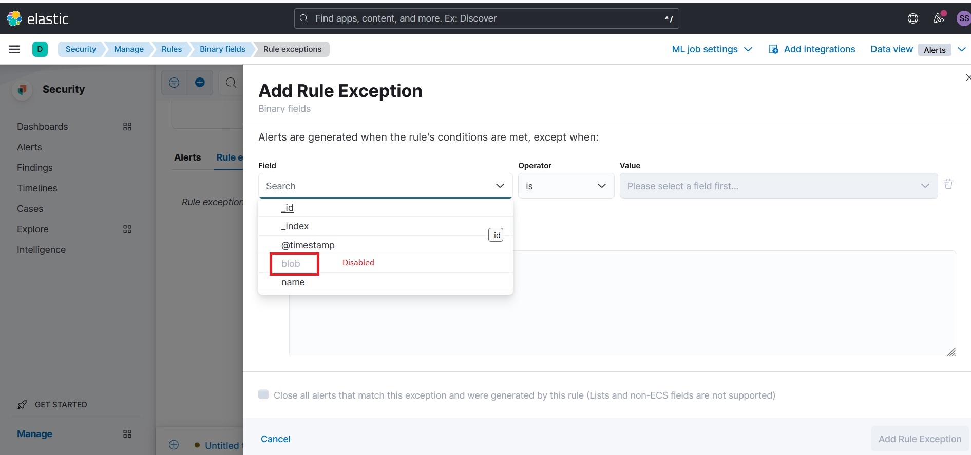 [Security Solution][Detections] Binary fields are not supported in exceptions yet can still be ...