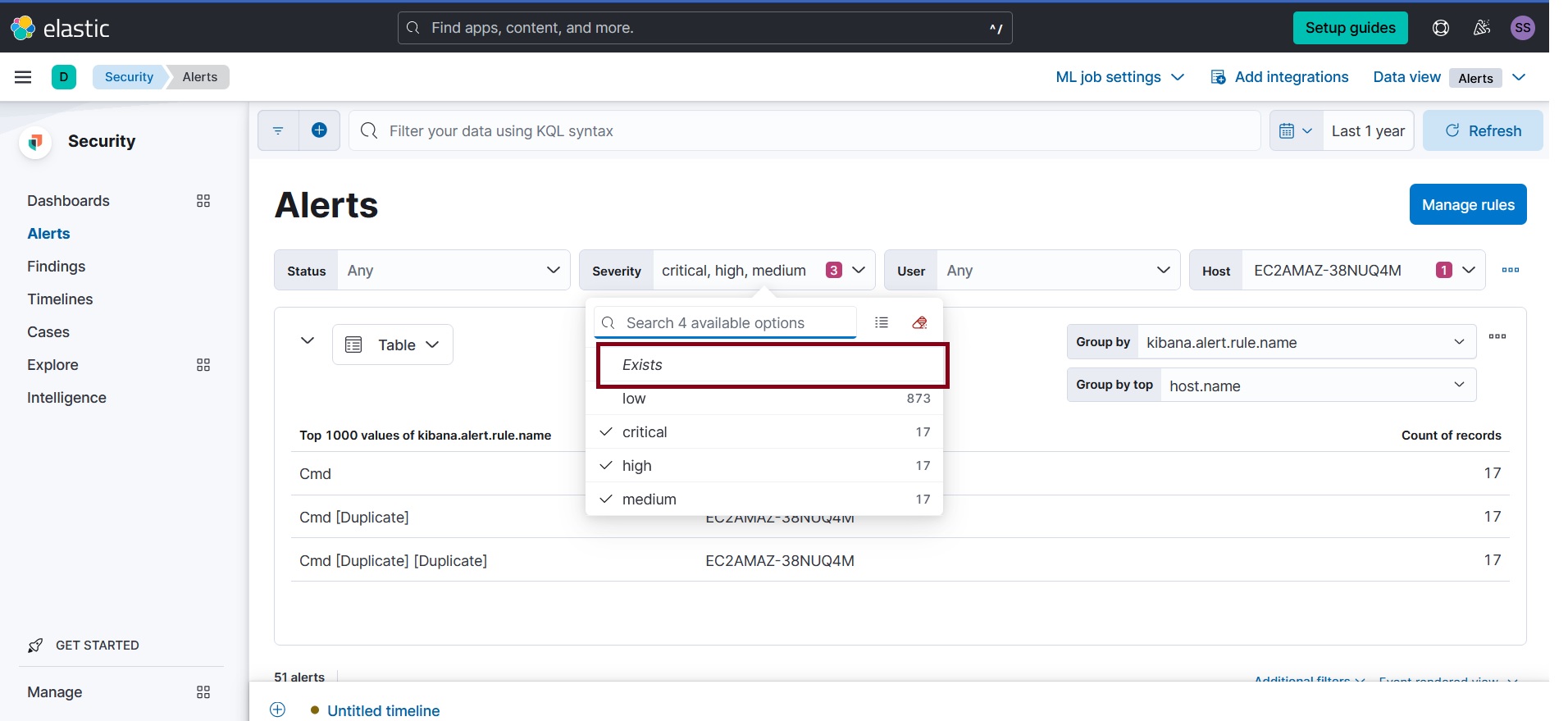 [Security Solution]Exists filter is showing for all levels, all statuses on Alert table page ...