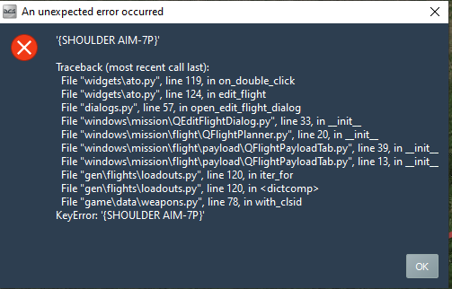 Error when trying to edit Tomcat flight, KeyError: '{SHOULDER AIM-7P ...