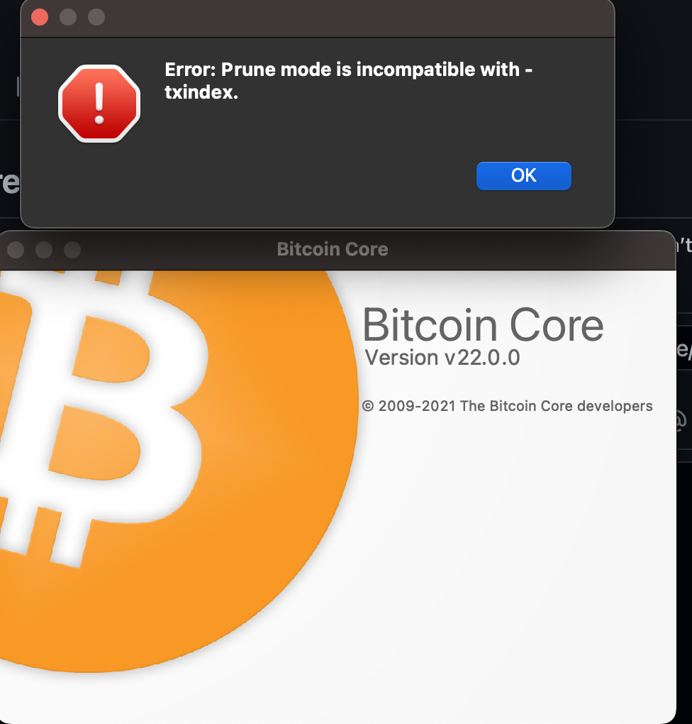 Error Opening Bitcoin Core App Error Prune Mode Is Incompatible With Txindex · Issue 715